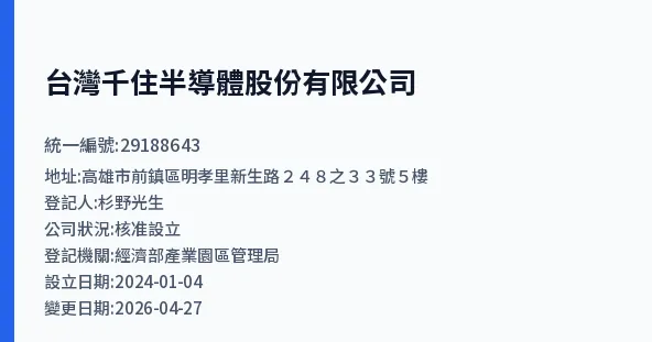 台灣千住半導體股份有限公司的照片-統編 29188643(高雄市) 公司登記資料與營業項目詳細圖表