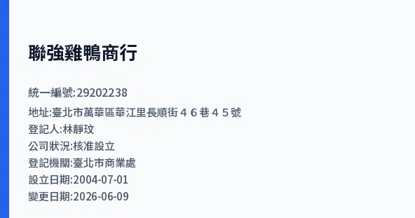 聯強雞鴨商行的照片-統編 29202238(臺北市) 公司登記資料與營業項目詳細圖表