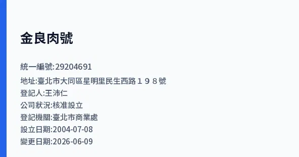 金良肉號的照片-統編 29204691(臺北市) 公司登記資料與營業項目詳細圖表