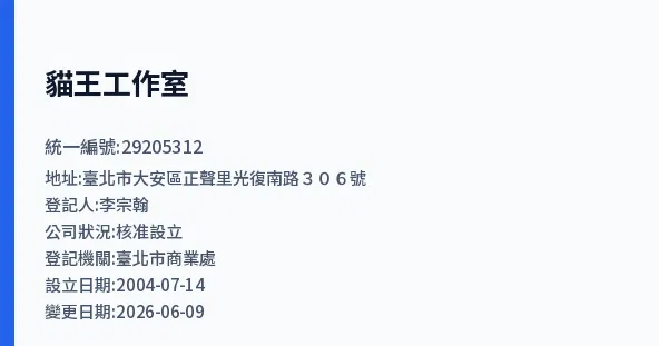 貓王工作室的照片-統編 29205312(臺北市) 公司登記資料與營業項目詳細圖表