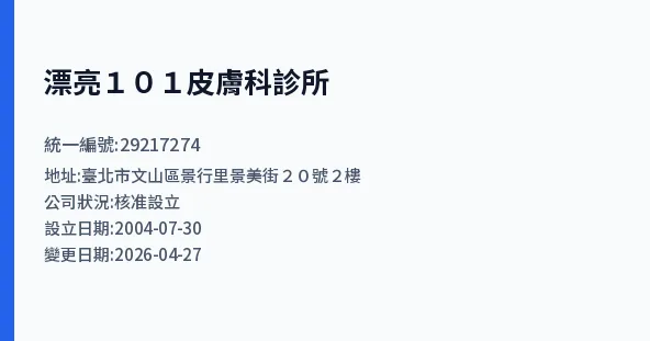 漂亮101皮膚科診所的照片-統編 29217274(臺北市) 公司登記資料與營業項目詳細圖表