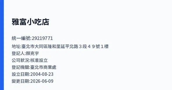 雅富小吃店的照片-統編 29219771(臺北市) 公司登記資料與營業項目詳細圖表