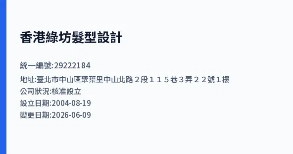 香港綠坊髮型設計的照片-統編 29222184(臺北市) 公司登記資料與營業項目詳細圖表