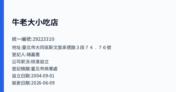 牛老大小吃店的照片-統編 29223310(臺北市) 公司登記資料與營業項目詳細圖表