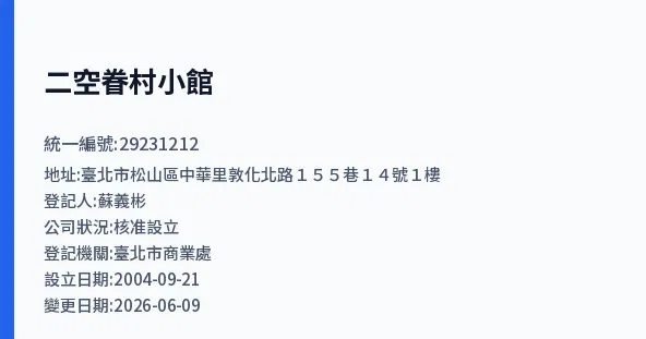 二空眷村小館的照片-統編 29231212(臺北市) 公司登記資料與營業項目詳細圖表
