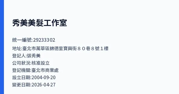 秀美美髮工作室的照片-統編 29233302(臺北市) 公司登記資料與營業項目詳細圖表