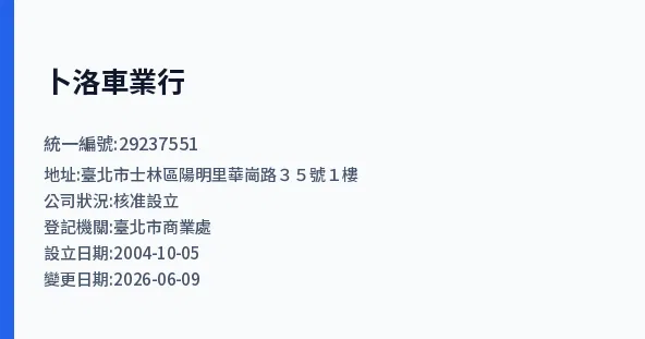卜洛車業行的照片-統編 29237551(臺北市) 公司登記資料與營業項目詳細圖表