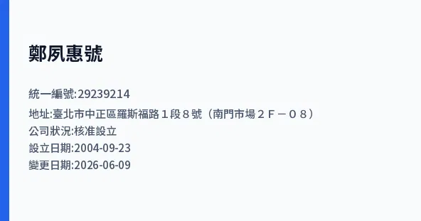 鄭夙惠號的照片-統編 29239214(臺北市) 公司登記資料與營業項目詳細圖表