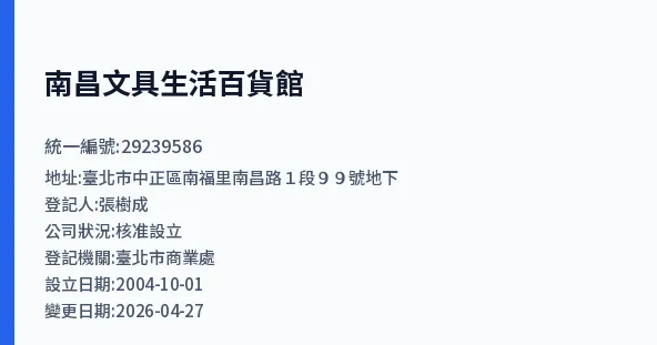 南昌文具生活百貨館的照片-統編 29239586(臺北市) 公司登記資料與營業項目詳細圖表