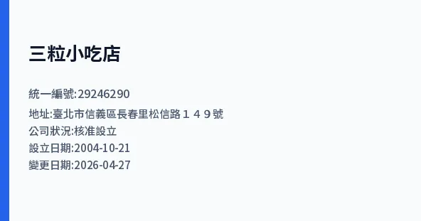 三粒小吃店的照片-統編 29246290(臺北市) 公司登記資料與營業項目詳細圖表