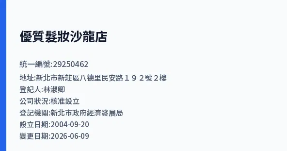 優質髮妝沙龍店的照片-統編 29250462(新北市) 公司登記資料與營業項目詳細圖表