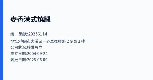 麥香港式燒臘的照片-統編 29256114(桃園市) 公司登記資料與營業項目詳細圖表