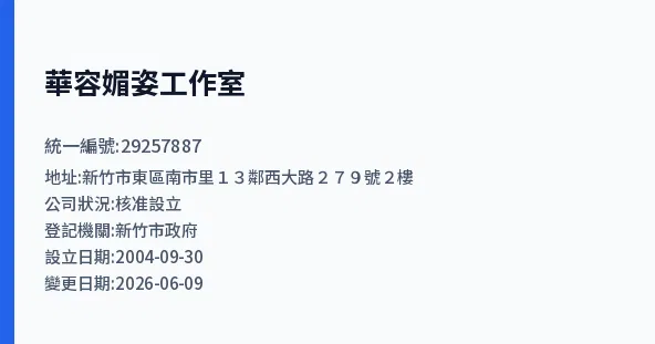 華容媚姿工作室的照片-統編 29257887(新竹市) 公司登記資料與營業項目詳細圖表