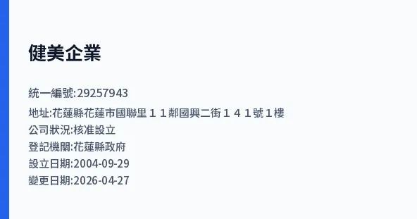 健美企業的照片-統編 29257943(花蓮縣) 公司登記資料與營業項目詳細圖表