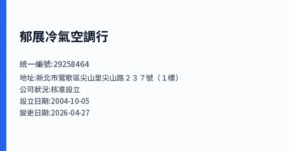 郁展冷氣空調行的照片-統編 29258464(新北市) 公司登記資料與營業項目詳細圖表