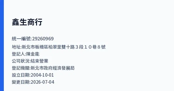 鑫生商行的照片-統編 29260969(新北市) 公司登記資料與營業項目詳細圖表