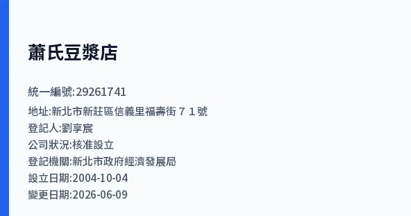 蕭氏豆漿店的照片-統編 29261741(新北市) 公司登記資料與營業項目詳細圖表