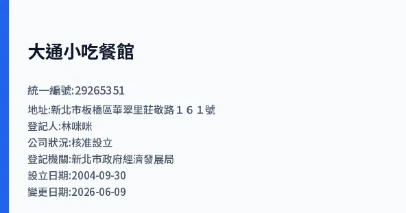 大通小吃餐館的照片-統編 29265351(新北市) 公司登記資料與營業項目詳細圖表