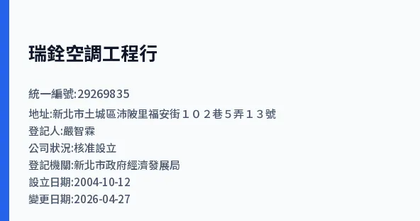 瑞銓空調工程行的照片-統編 29269835(新北市) 公司登記資料與營業項目詳細圖表