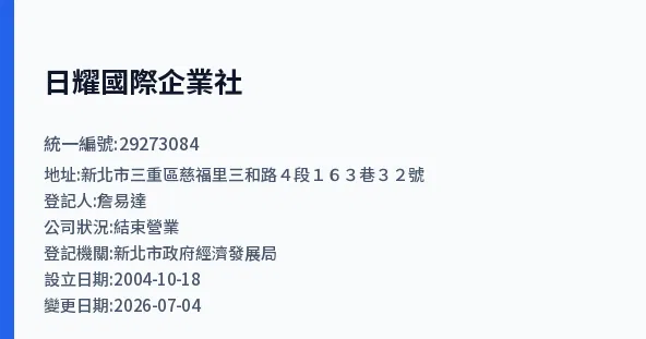 日耀國際企業社的照片-統編 29273084(新北市) 公司登記資料與營業項目詳細圖表