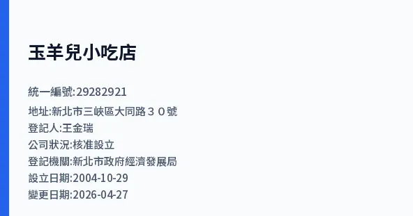 玉羊兒小吃店的照片-統編 29282921(新北市) 公司登記資料與營業項目詳細圖表