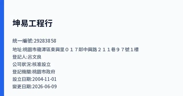 坤易工程行的照片-統編 29283858(桃園市) 公司登記資料與營業項目詳細圖表