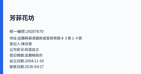 芳菲花坊的照片-統編 29287670(宜蘭縣) 公司登記資料與營業項目詳細圖表