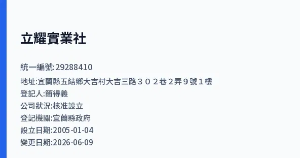 立耀實業社的照片-統編 29288410(宜蘭縣) 公司登記資料與營業項目詳細圖表