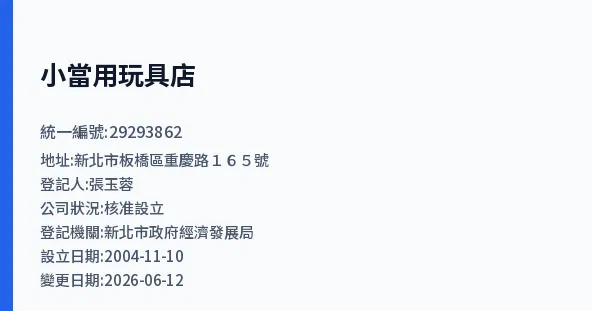 小當用玩具店的照片-統編 29293862(新北市) 公司登記資料與營業項目詳細圖表
