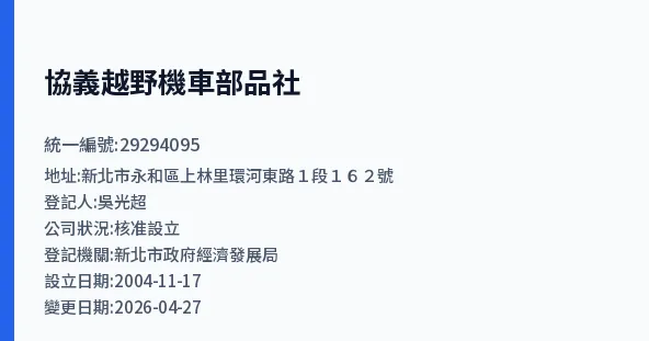 協義越野機車部品社的照片-統編 29294095(新北市) 公司登記資料與營業項目詳細圖表