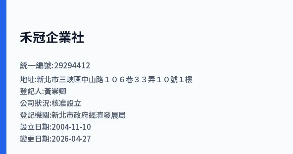 禾冠企業社的照片-統編 29294412(新北市) 公司登記資料與營業項目詳細圖表