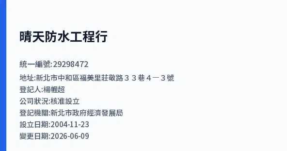 晴天防水工程行的照片-統編 29298472(新北市) 公司登記資料與營業項目詳細圖表