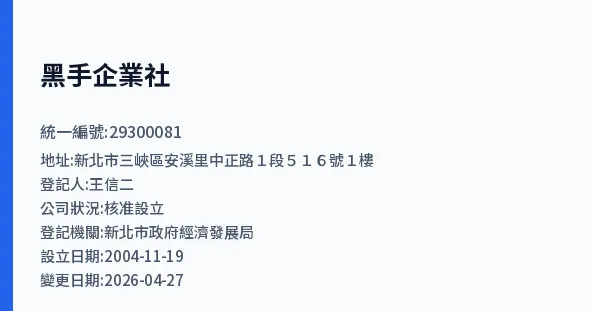黑手企業社的照片-統編 29300081(新北市) 公司登記資料與營業項目詳細圖表