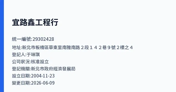 宜路鑫工程行的照片-統編 29302428(新北市) 公司登記資料與營業項目詳細圖表