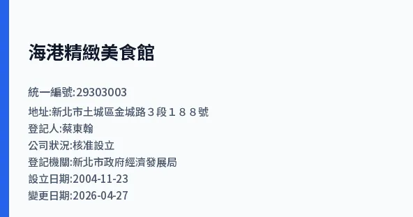 海港精緻美食館的照片-統編 29303003(新北市) 公司登記資料與營業項目詳細圖表