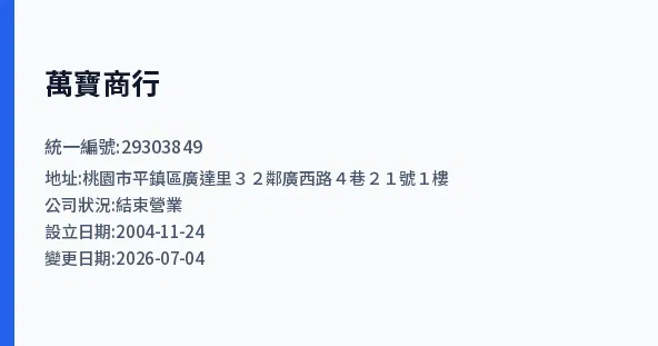 萬寶商行的照片-統編 29303849(桃園市) 公司登記資料與營業項目詳細圖表