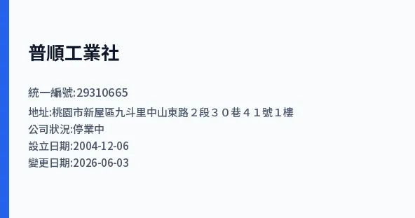 普順工業社的照片-統編 29310665(桃園市) 公司登記資料與營業項目詳細圖表