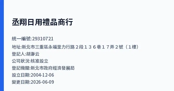丞翔日用禮品商行的照片-統編 29310721(新北市) 公司登記資料與營業項目詳細圖表