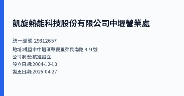 凱旋熱能科技股份有限公司中壢營業處的照片-統編 29312657(桃園市) 公司登記資料與營業項目詳細圖表