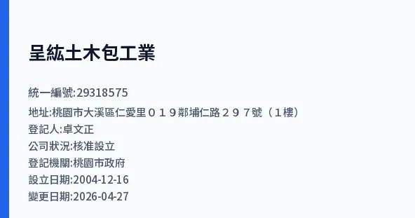呈紘土木包工業的照片-統編 29318575(桃園市) 公司登記資料與營業項目詳細圖表