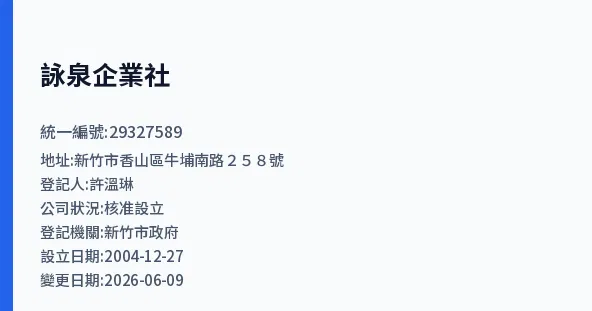 詠泉企業社的照片-統編 29327589(新竹市) 公司登記資料與營業項目詳細圖表