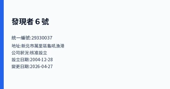 發現者6號的照片-統編 29330037(新北市) 公司登記資料與營業項目詳細圖表