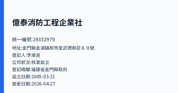 億泰消防工程企業社的照片-統編 29332979(金門縣) 公司登記資料與營業項目詳細圖表