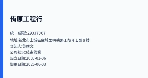侑原工程行的照片-統編 29337307(新北市) 公司登記資料與營業項目詳細圖表