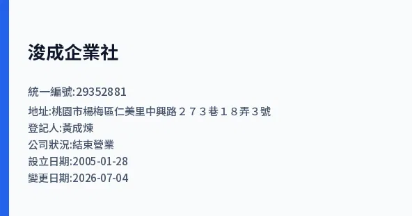 浚成企業社的照片-統編 29352881(桃園市) 公司登記資料與營業項目詳細圖表