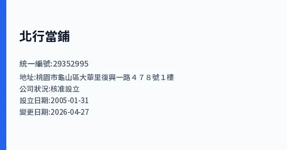 北行當鋪的照片-統編 29352995(桃園市) 公司登記資料與營業項目詳細圖表