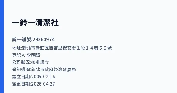 一鈴一清潔社的照片-統編 29360974(新北市) 公司登記資料與營業項目詳細圖表