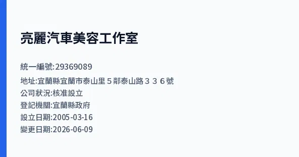 亮麗汽車美容工作室的照片-統編 29369089(宜蘭縣) 公司登記資料與營業項目詳細圖表