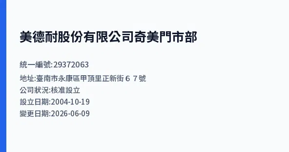 美德耐股份有限公司奇美門市部的照片-統編 29372063(臺南市) 公司登記資料與營業項目詳細圖表