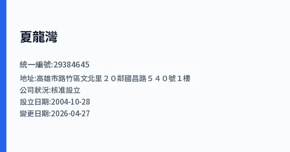 夏龍灣的照片-統編 29384645(高雄市) 公司登記資料與營業項目詳細圖表